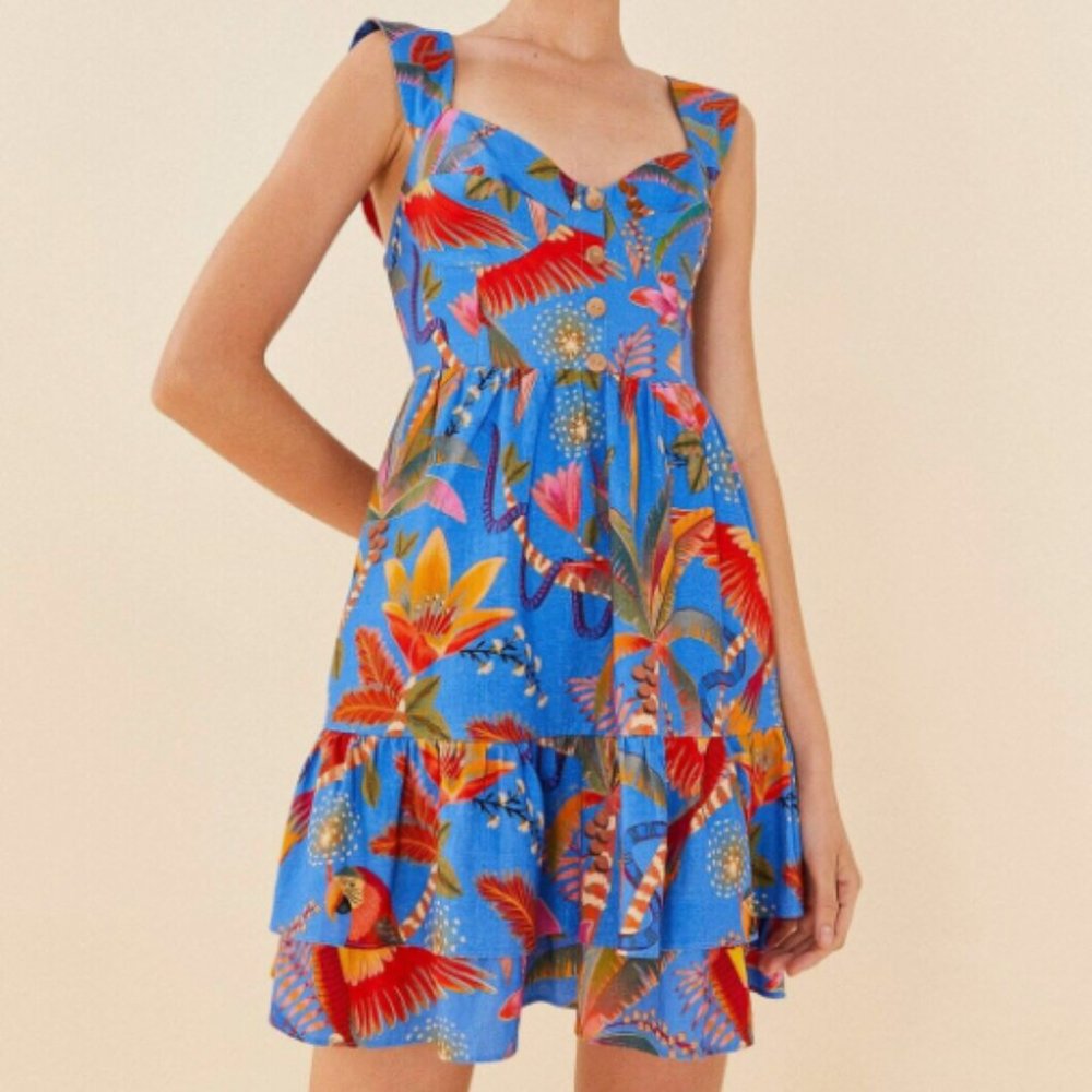 Farm Rio Blue Macaw Party Ruffle Hem Mini Dress Sz Xs - Gem